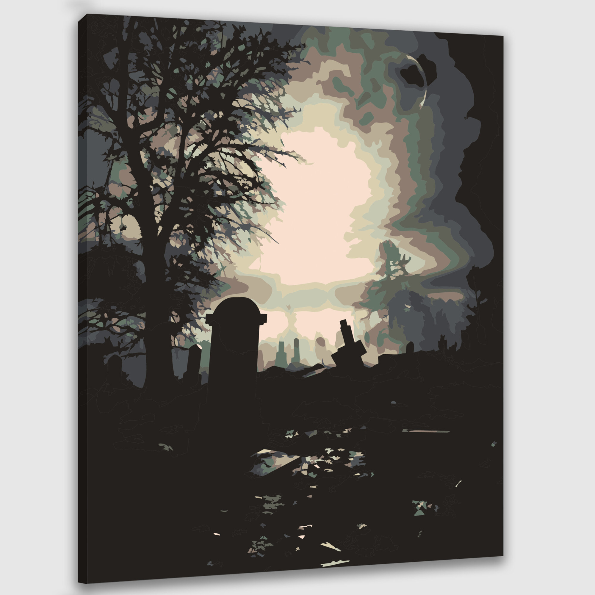 Картина по номерам 40x50 см, черно-белая фотография, заброшенное кладбище, темная ночь, Хэллоуин, туман, надгробия