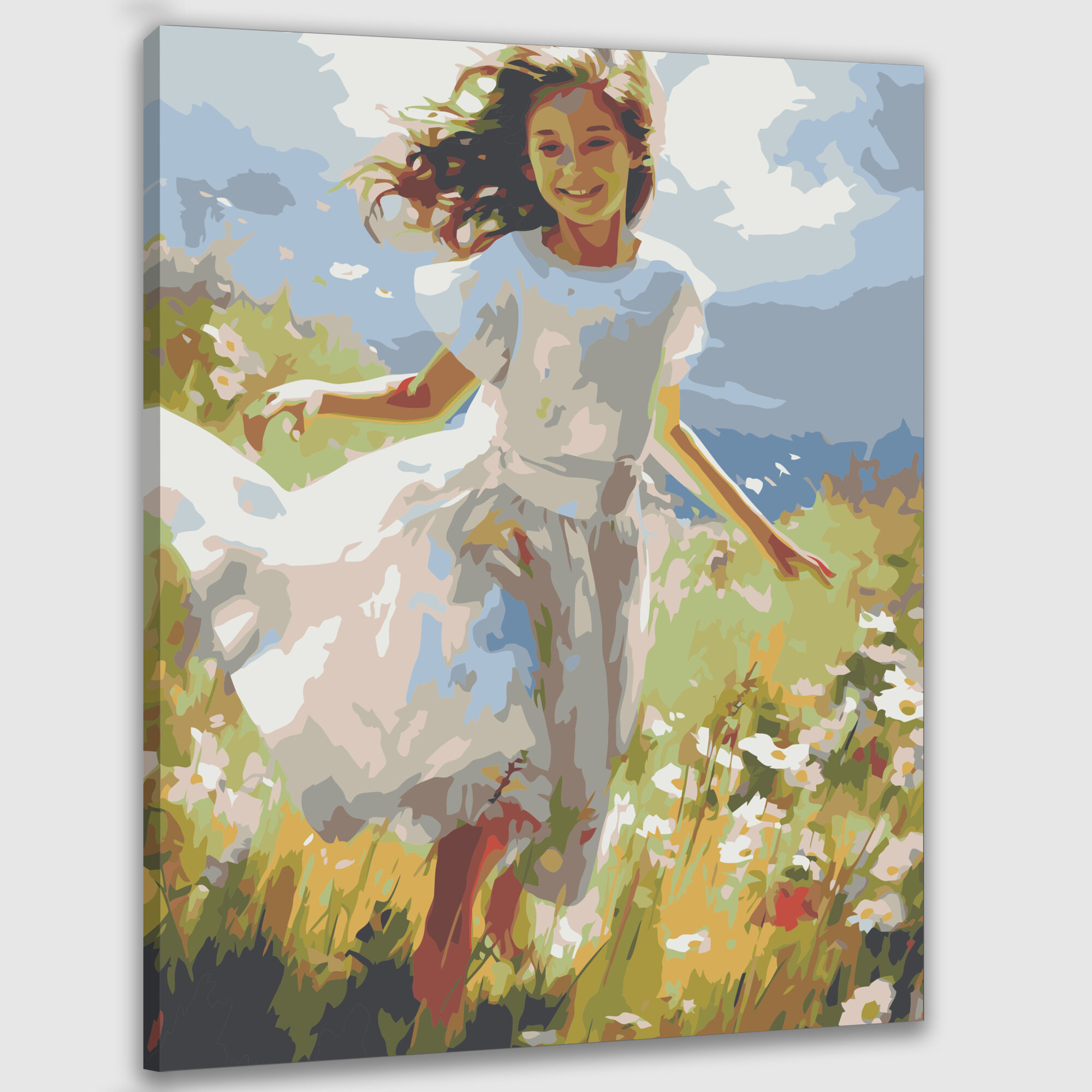 Картина по номерам 40x50 см, девушка, поле цветов, солнце, сад, бег, радость, невинность, улыбка, руки, платье, ветер