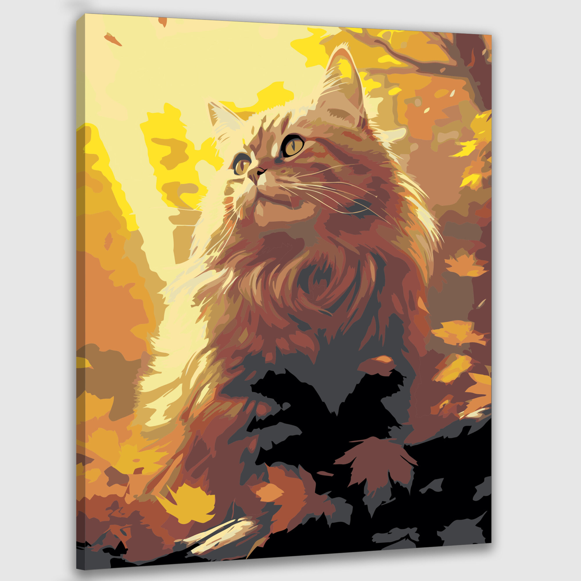 Картина по номерам 40x50 см, картина, цифровая, кот, мейн-кун, пушистый, мордочка, лес, осенний, листья, солнечный свет