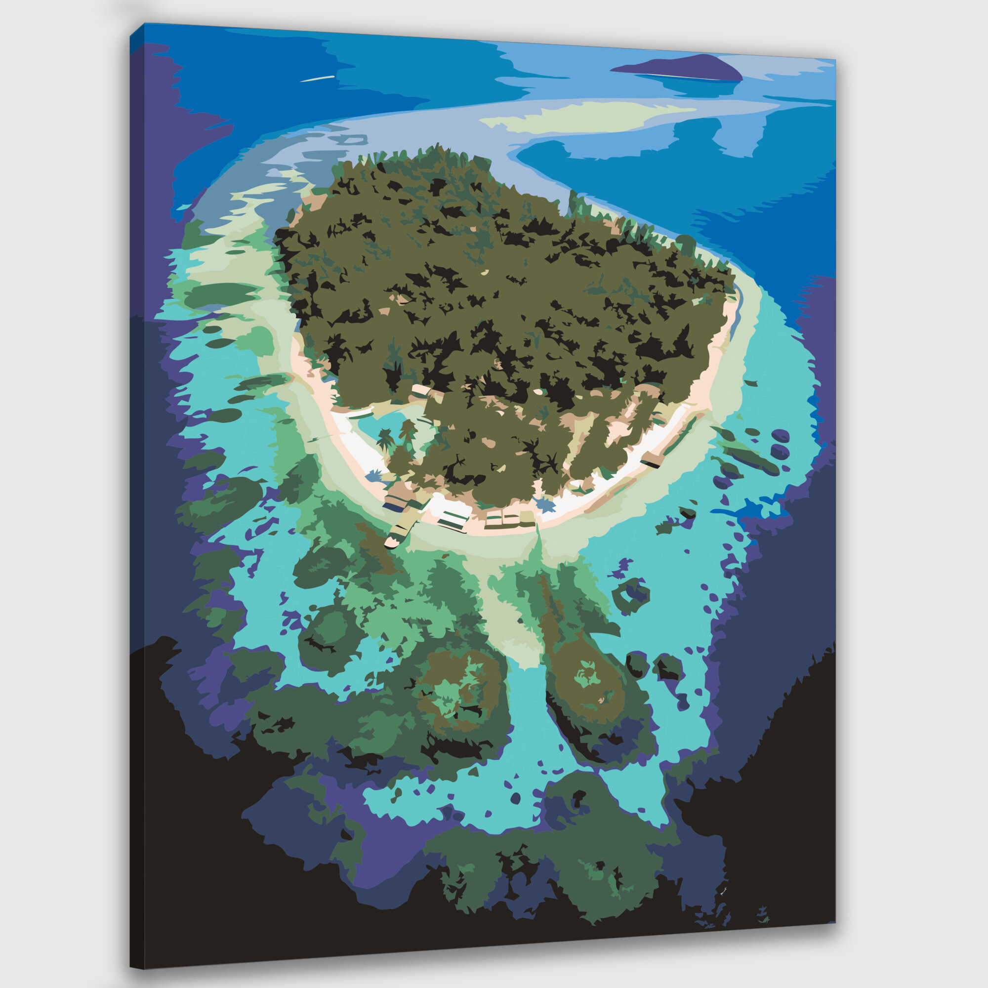 Картина по номерам 40x50 см, тропический остров, аэрофотосъемка, бирюзовые воды, коралловые рифы, морская флора
