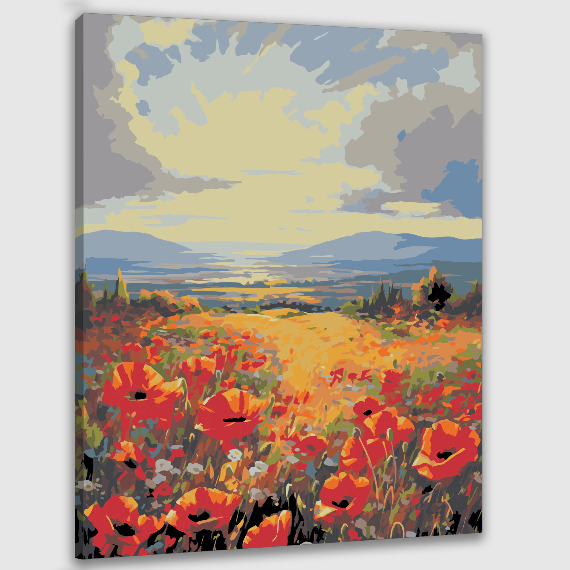 Картина по номерам 40x50 см, картина, масло, пейзаж, свет, луг, маки, контраст, трава, солнце, сияние, композиция