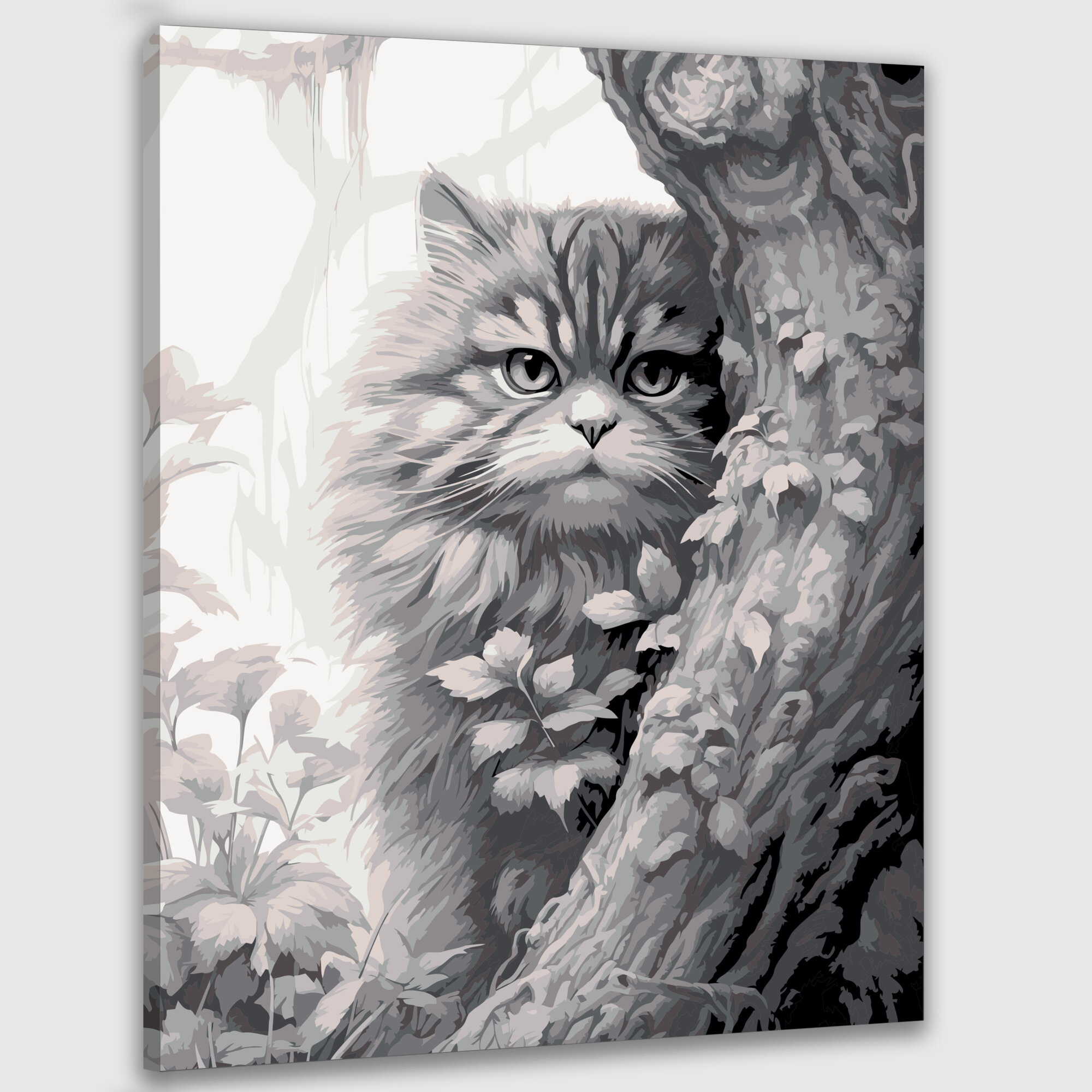 Картина по номерам 40x50 см, манул, рисунок, графитовый, молчаливый, хранитель, мудрость, древо, мох, лес, растушевка