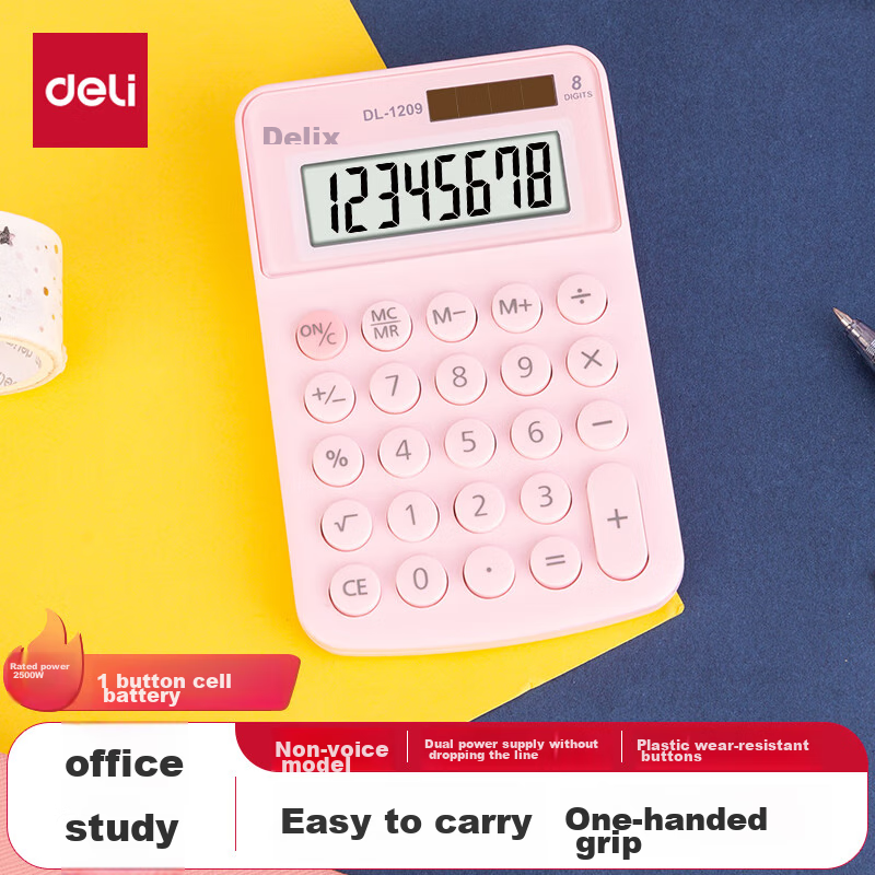 Deli Dual Power Portable Calculator, Student Fourth Grade Macaron Mini Calculator, Learning Supplies, Pink, 1209A