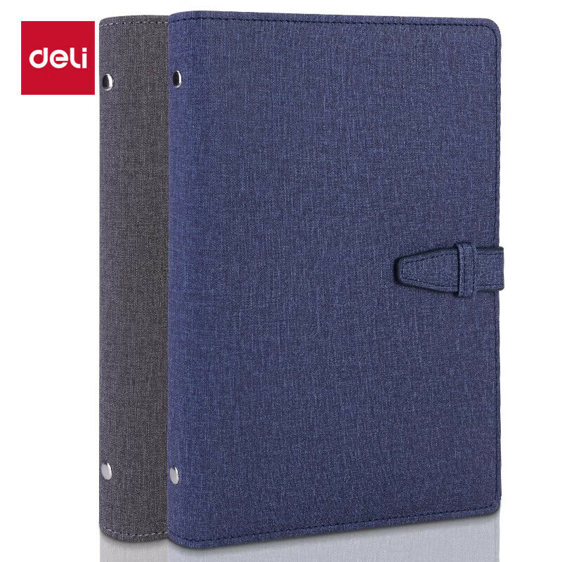 Deli 25K 100-Sheet Stylish Loose-Leaf Notebook, Business Office Pocket Notebook, Diary with Buckle, Leather Cover, 205mm*143mm, Blue Or Gray Random, 3309