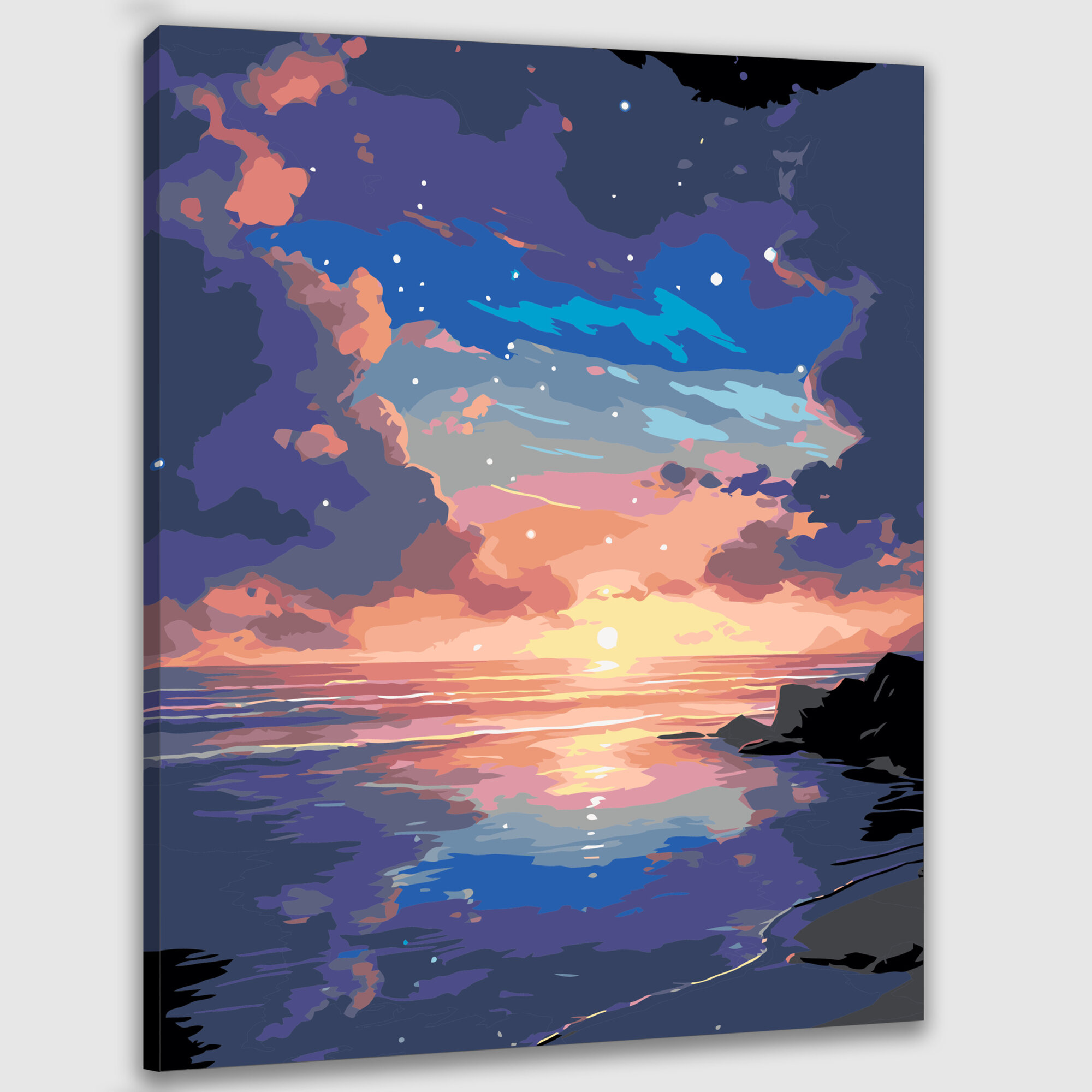 Картина по номерам 40x50 см, фотография, пляж, закат, ночное небо, созвездие Рыб, отражение, вода, теплые оттенки