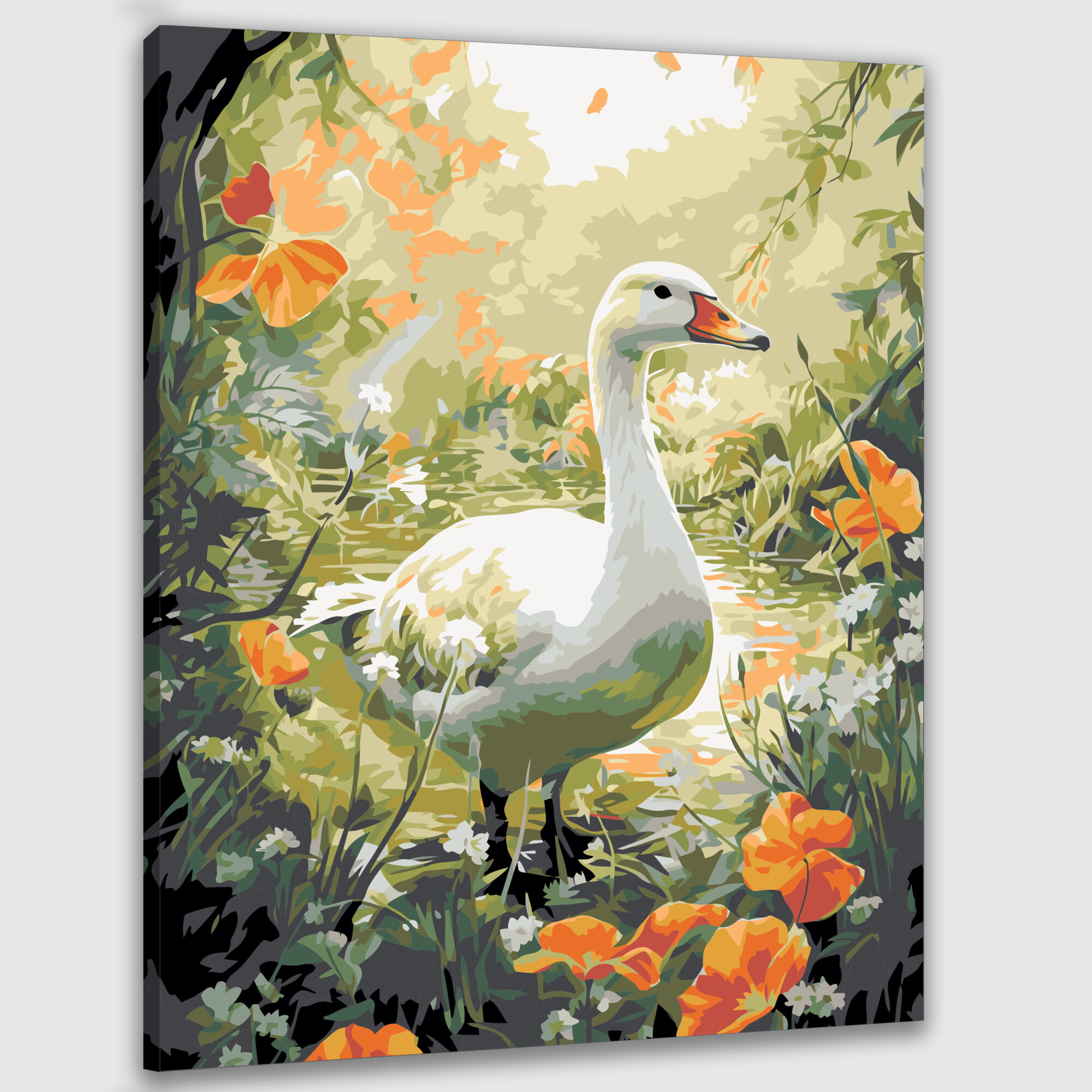 Картина по номерам 40x50 см, картина маслом, мандариновый сад, гусь, листва, гусиные перья, цветовая палитра