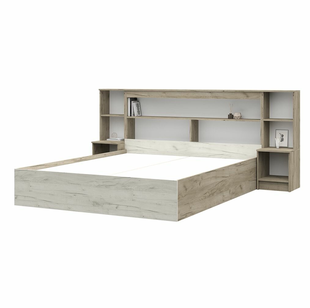 Кровать "Бася" из ЛДСП с закроватным модулем, серый/белый, 160x200 см.