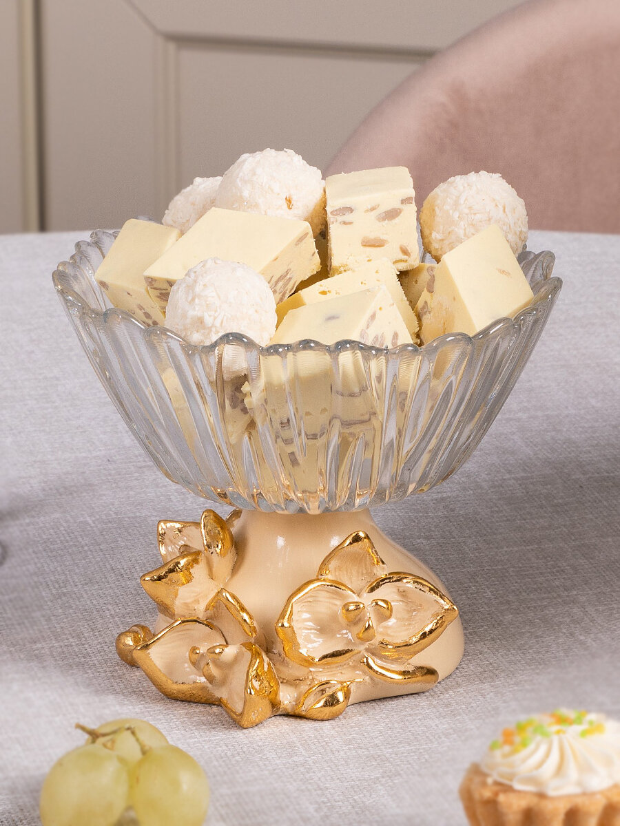 Фруктовница-конфетница из мрамора и стекла на ножке BOGACHO с цветком орхидеи