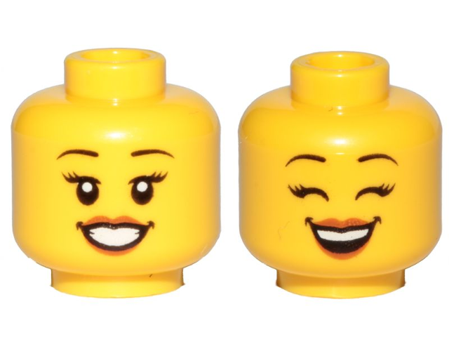 Minifigure, Head Dual Sided Female Black Eyebrows, Eyelashes, Medium Nougat Lips, Smile, Teeth, Open Eyes / Closed Eyes Pattern, 3626pb2379 Yellow U
