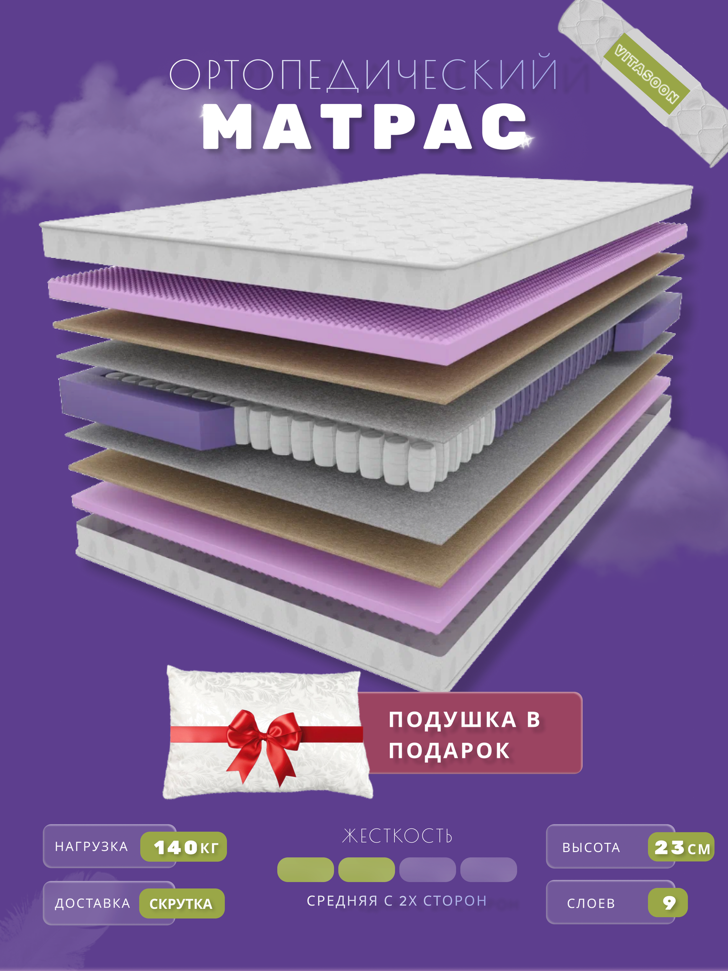 Матрас 170х190 ортопедический VitaSoon SMART Ck пружинный высота 23 см