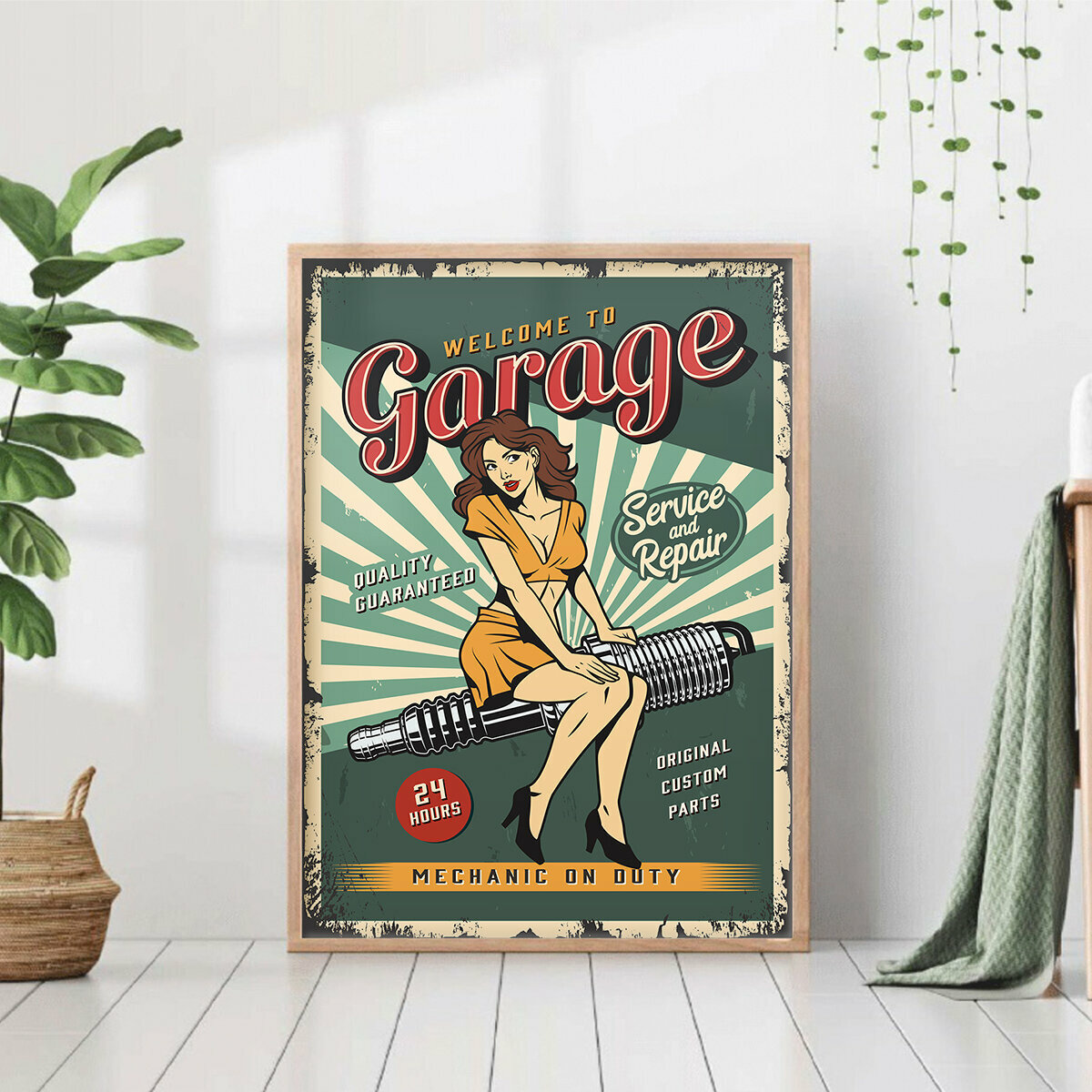 Постер "Ретро девушка гараж рисунок" 40x50 без рамки на стену для интерьера