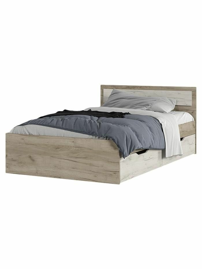 Односпальная кровать Феста 120х200 см, деревянная, с основанием настил, с ящиками, Дуб Крафт серый / Дуб Крафт белый