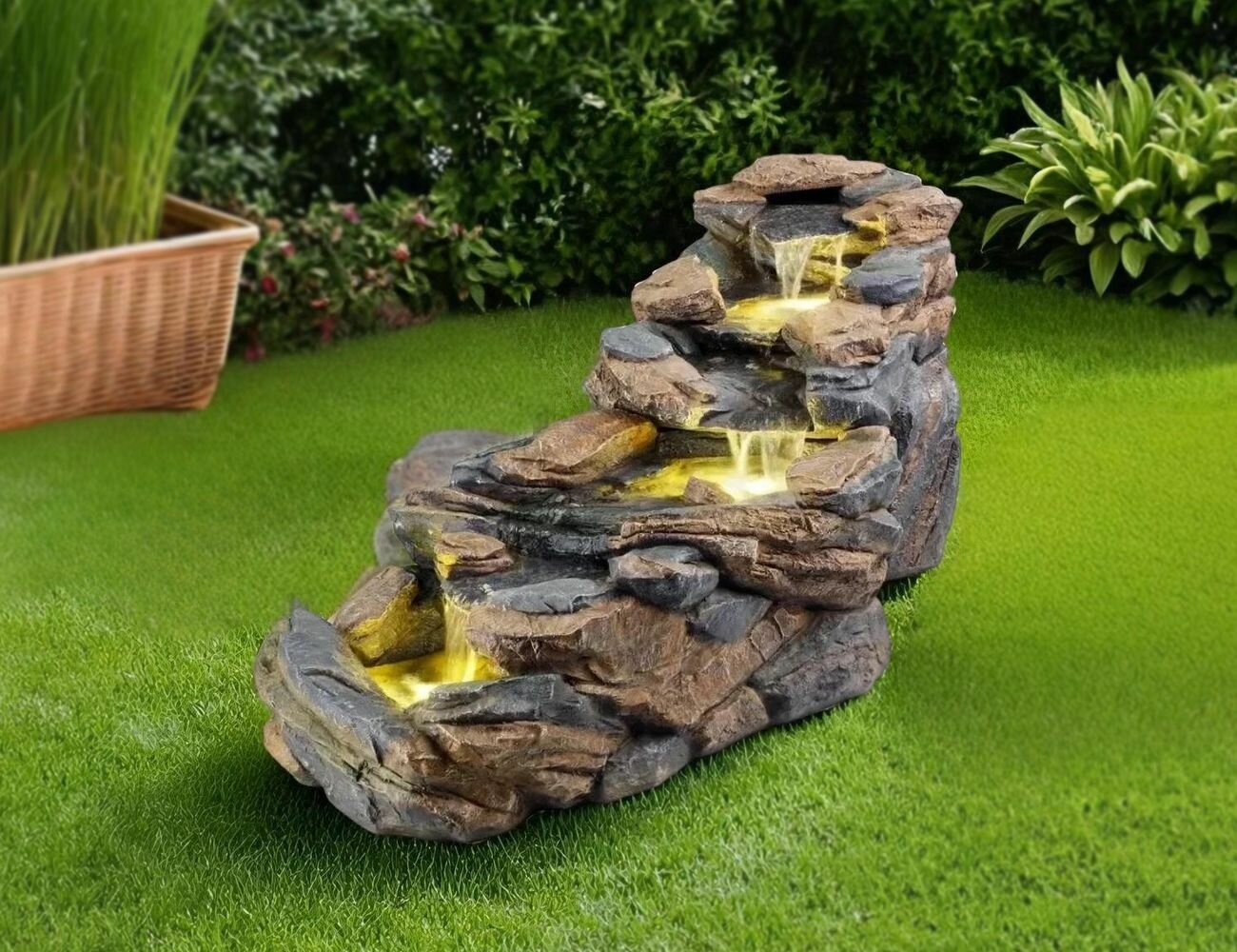 Садовый декоративный фонтан-каскад плимира, тёплая белая LED-подсветка, 163x64x71 см, Winter Deco 892795