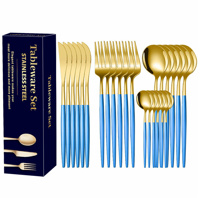 Набор посуды, набор из 24 предметов с антибактериальным покрытием, комбинация ножей и вилок, синий с золотом