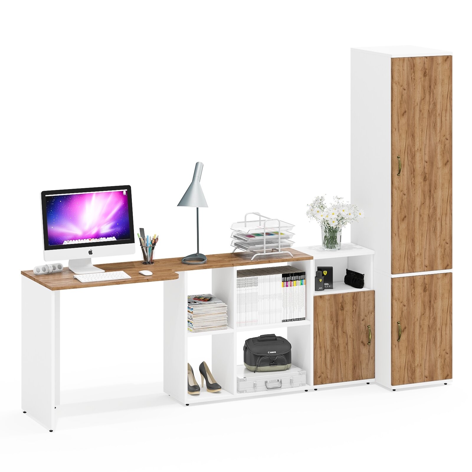 Место для учёбы Лидер-8 с компьютерным столом с тумбой и пеналом, белый/крафт золото, 245х50х190 см.