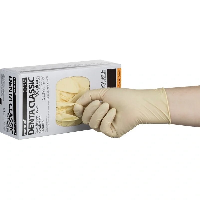 Перчатки медицинские смотровые латексные Manual DC750 текстурированные нестерильные неопудренные S 6.5-7 бежевые 50 пар/100 штук в упаковке, 2238179