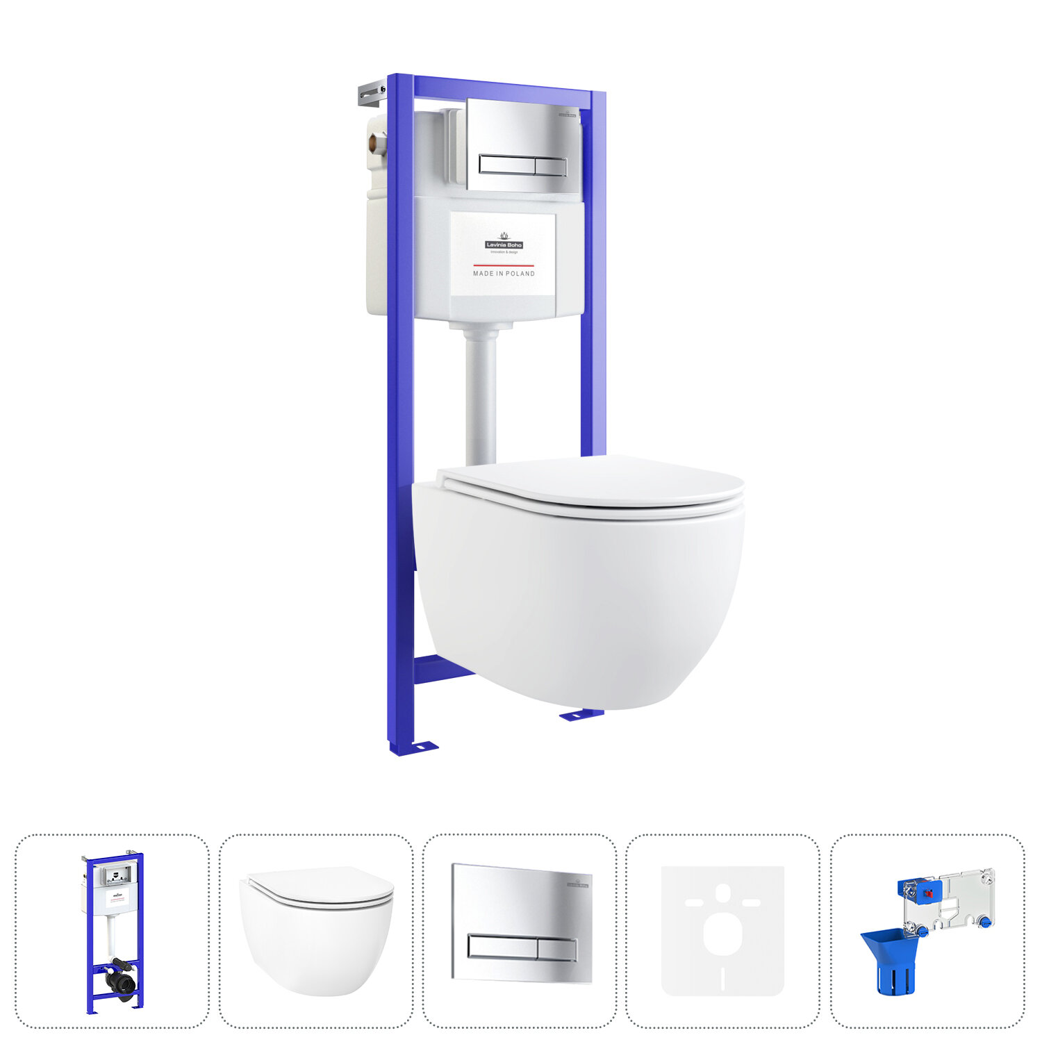 Инсталляция с унитазом в комплекте 7 в 1 Lavinia Boho RelFix 20219098R: безободковый подвесной унитаз торнадо (белый глянец), сиденье микролифт, инсталляция, шумоизоляция, крепление, кнопка, диспенсер