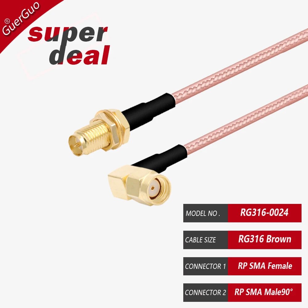 RG316 Коаксиальный кабель SMA-SMA GuerGuo 15см 25CM, RPSMA F to RPSMA M90