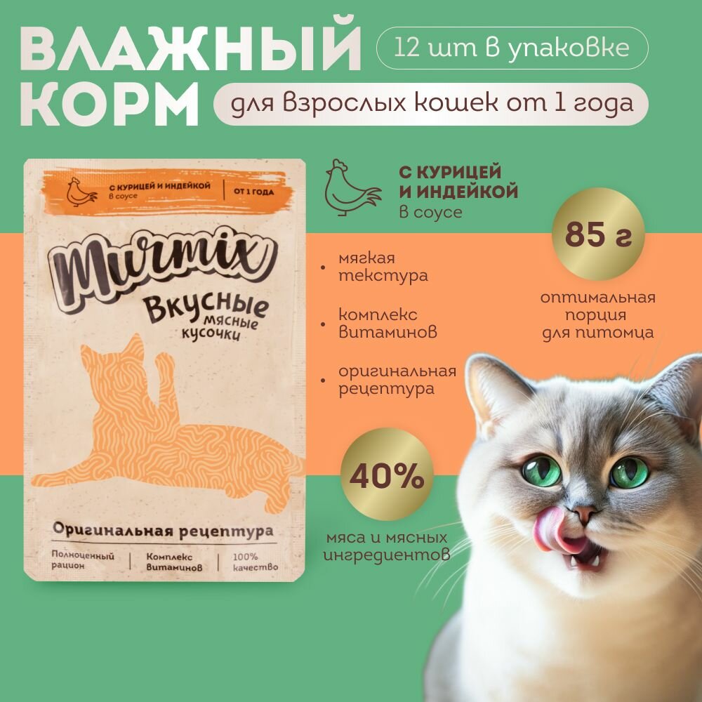 Влажный корм для взрослых кошек Murmix, кусочки с курицей и индейкой в соусе, 85 гр. * 12 шт.