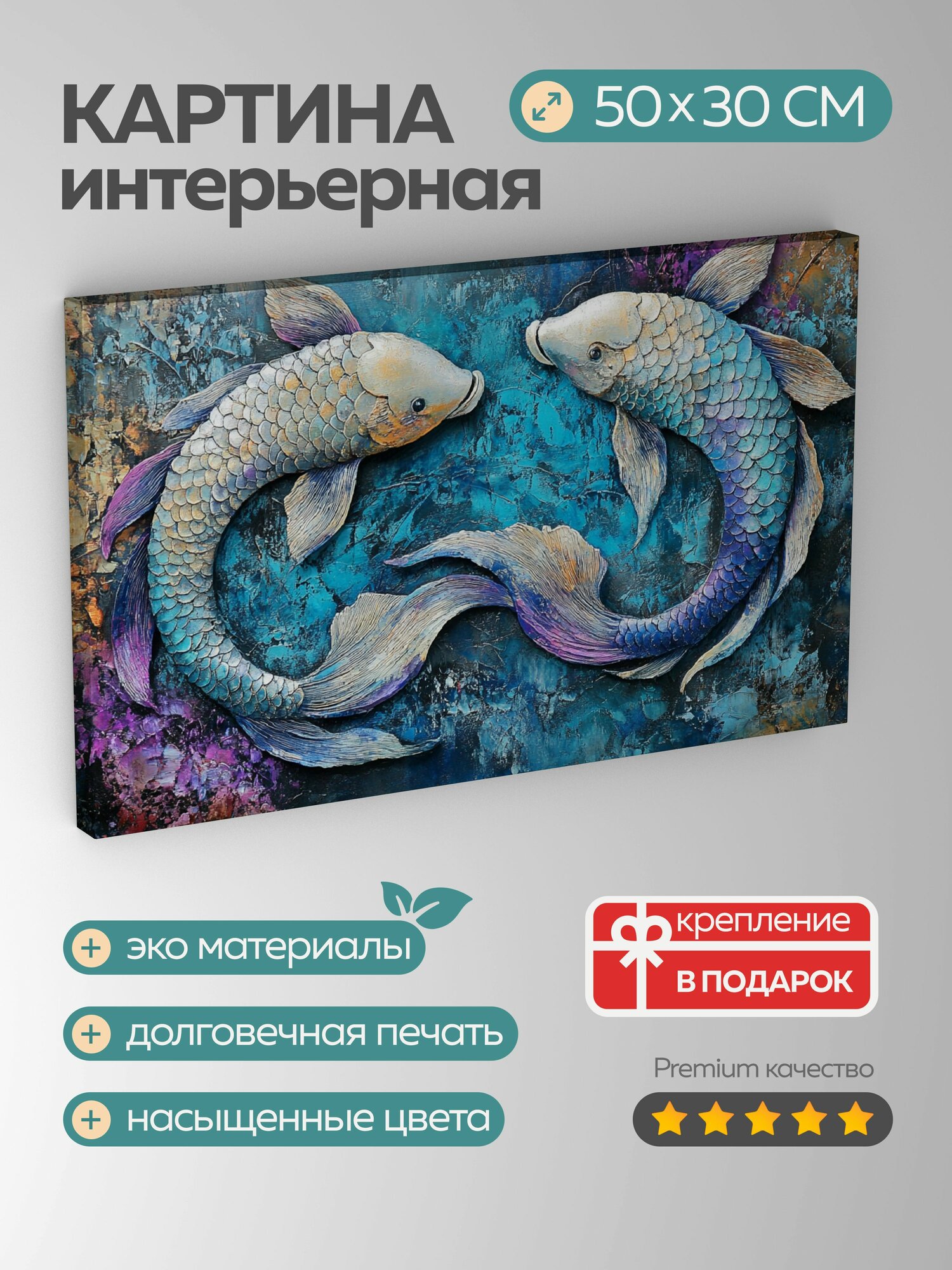 Картина на холсте интерьерная 50х30 см, масляная картина, знак зодиака Рыбы, текстурированный металлич, синие оттенки
