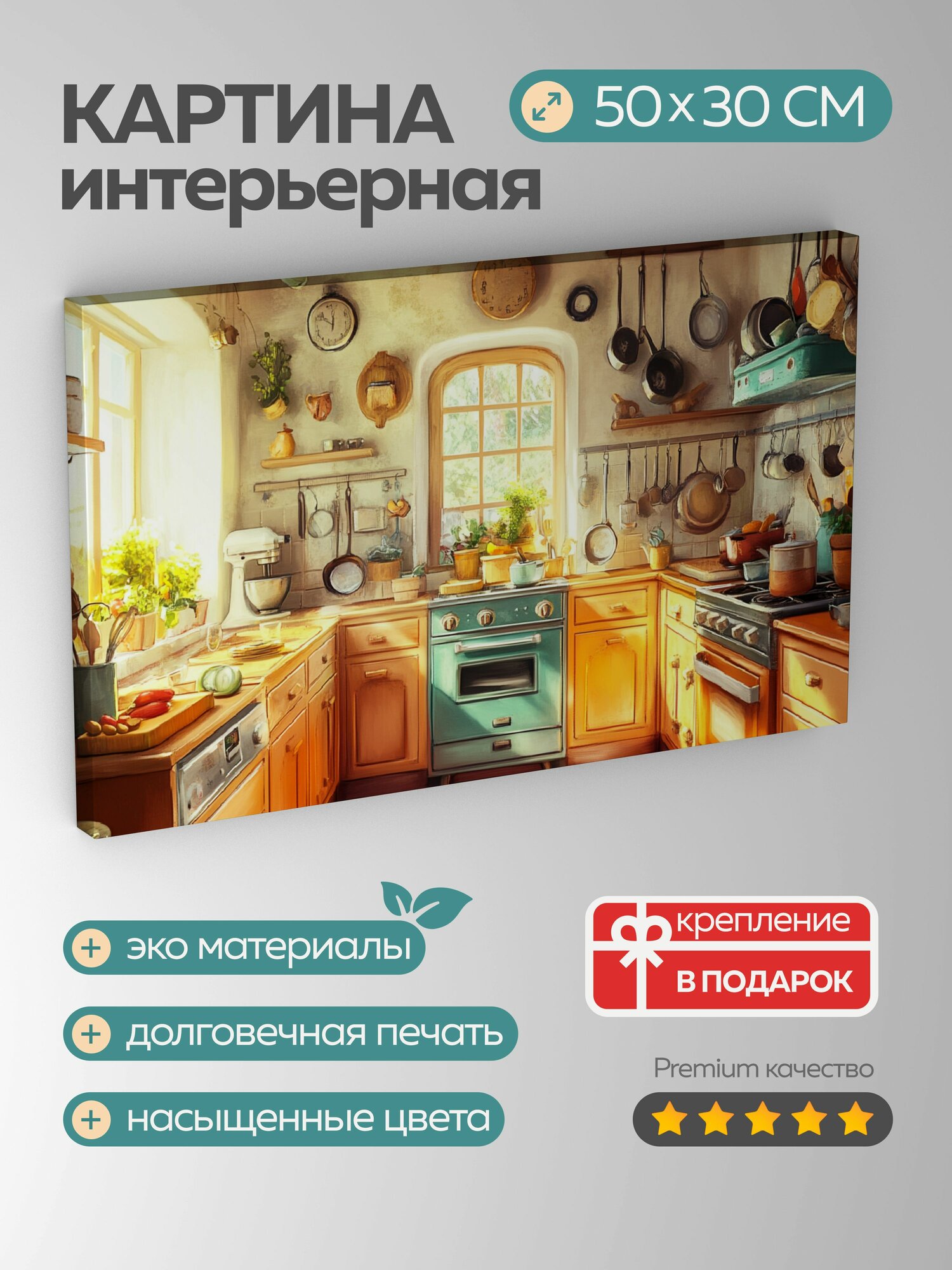 Картина на холсте интерьерная 50х30 см, Кухня, антропоморфная посуда, бытовые приборы, музыкальные звуки, беззаботность