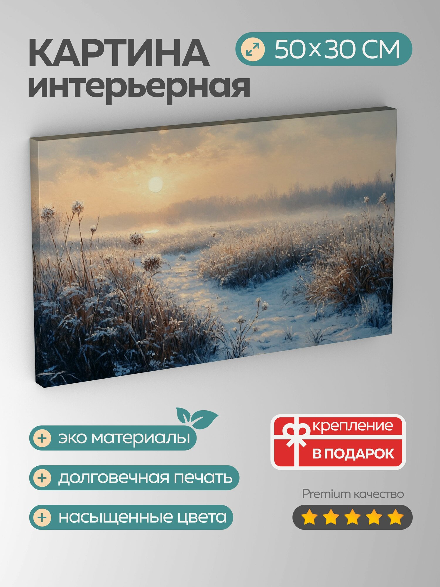 Картина на холсте интерьерная 50х30 см, Луг, иней, рассвет, кристаллы льда, трава, цветы, солнце, туман, контраст