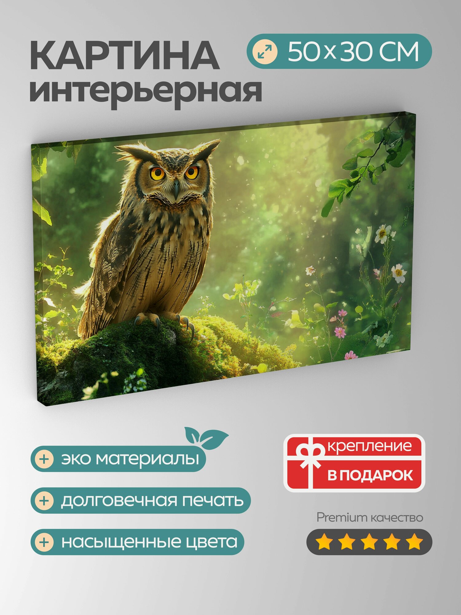 Картина на холсте интерьерная 50х30 см, сова, мудрость, величественная, янтарные глаза, мох, ветка дерева