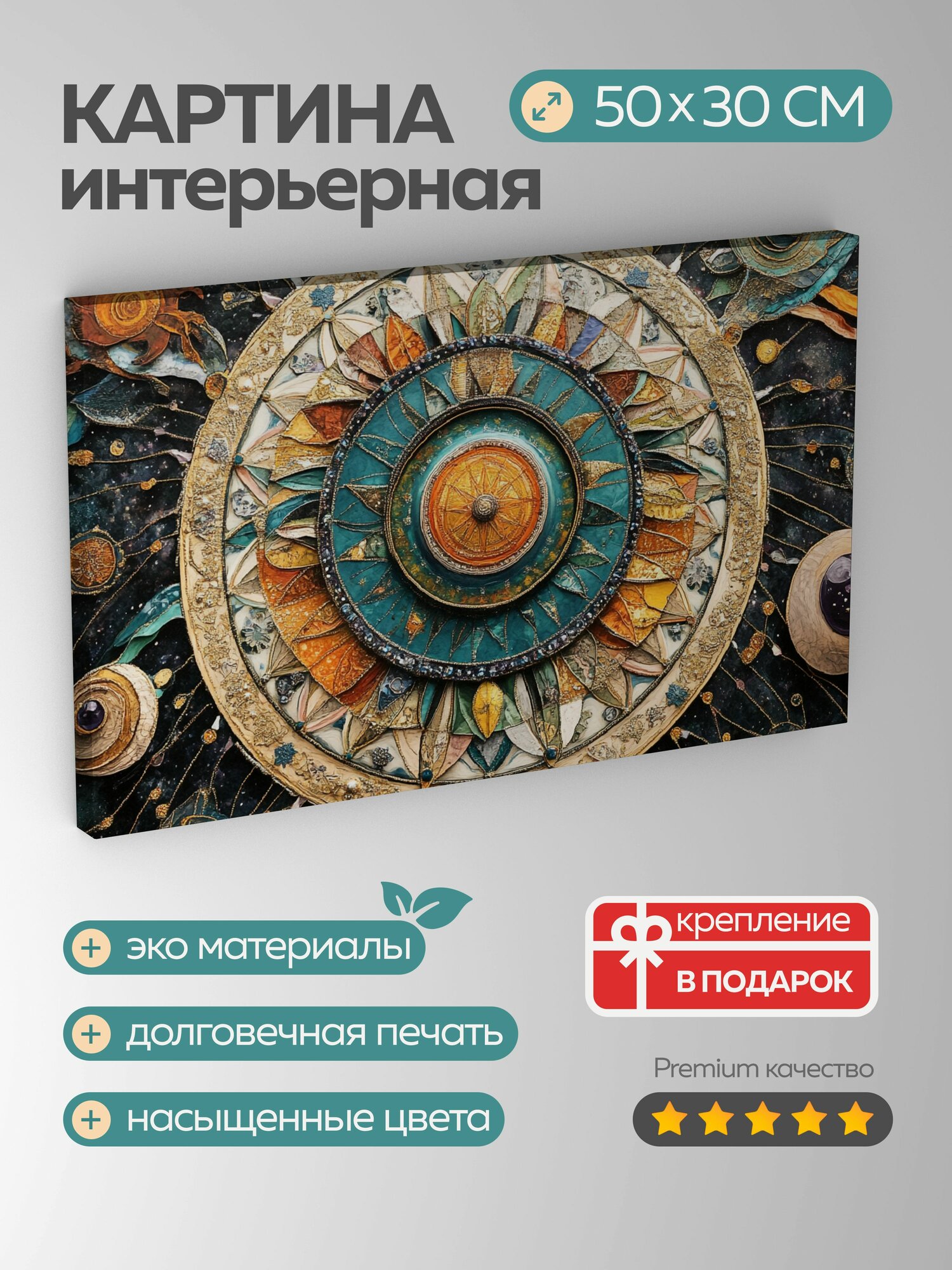 Картина на холсте интерьерная 50х30 см, Астрологическая мандала, уникальная энергия, знаки Зодиака, яркие цвета