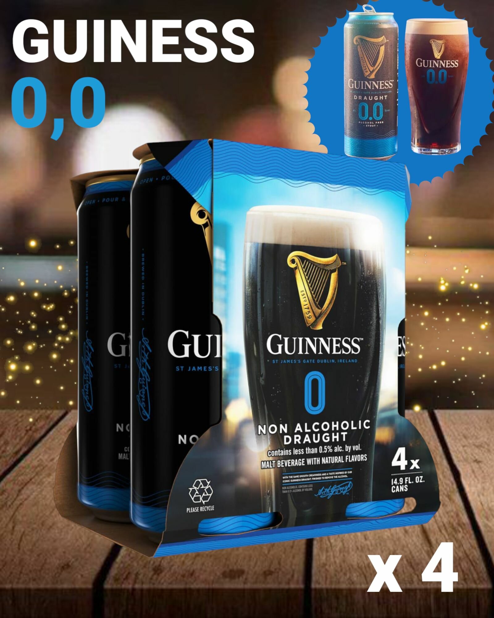 Пиво безалкогольное Guiness темное, набор 4 шт по 440 мл, Ирландия