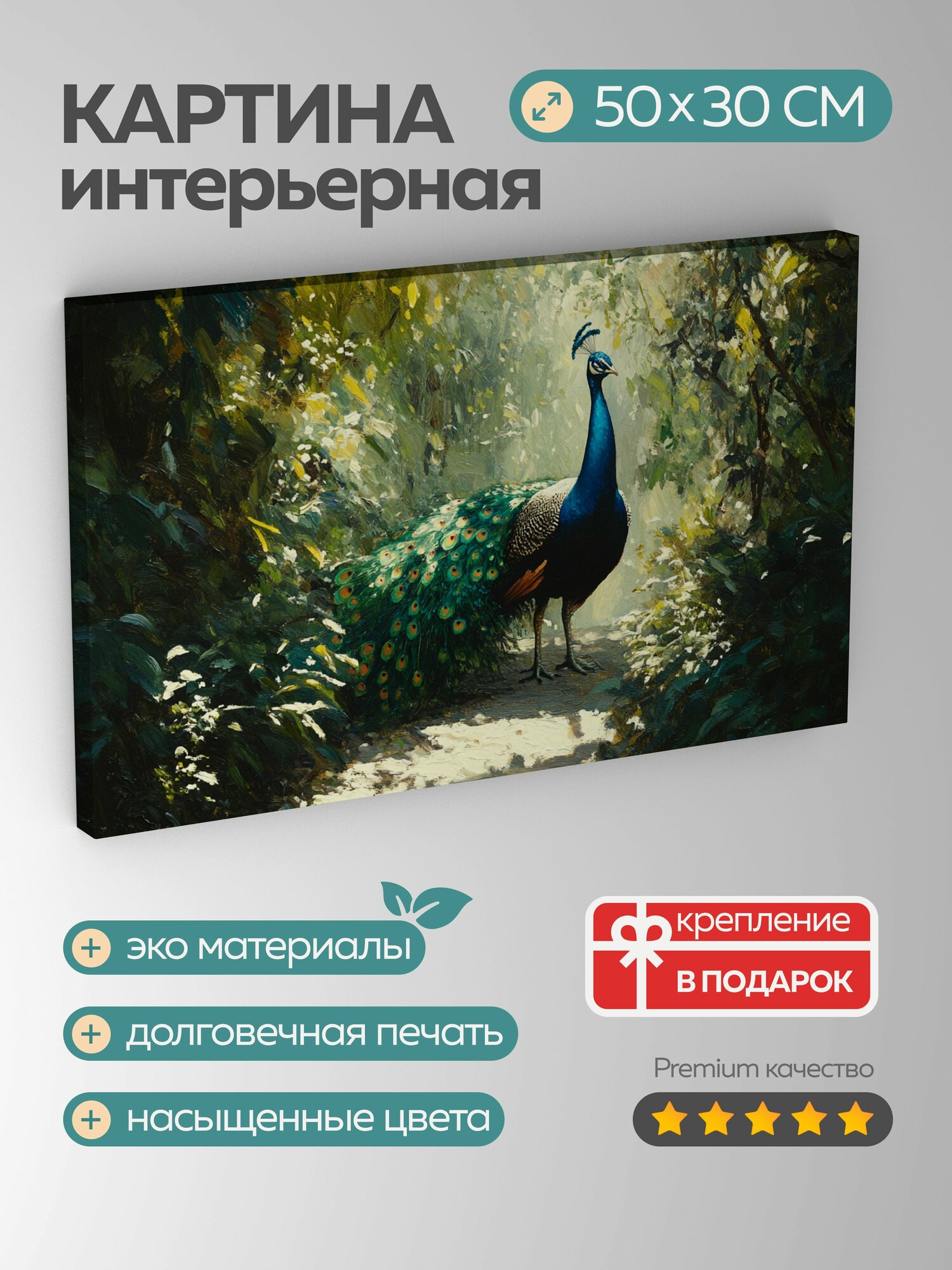 Картина на холсте интерьерная 50х30 см, павлин, оперение, листва, свет, масло, красота, элегантность, природа, солнце