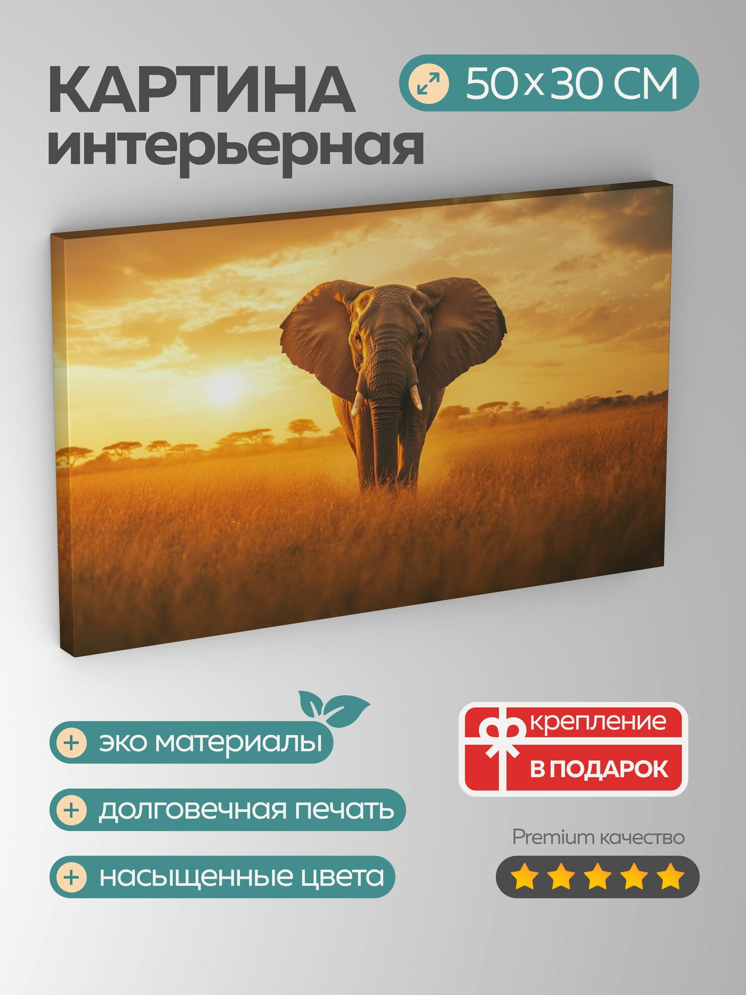 Картина на холсте интерьерная 50х30 см, слон, африканская саванна, закат, золотистые лучи, величественный, свобода