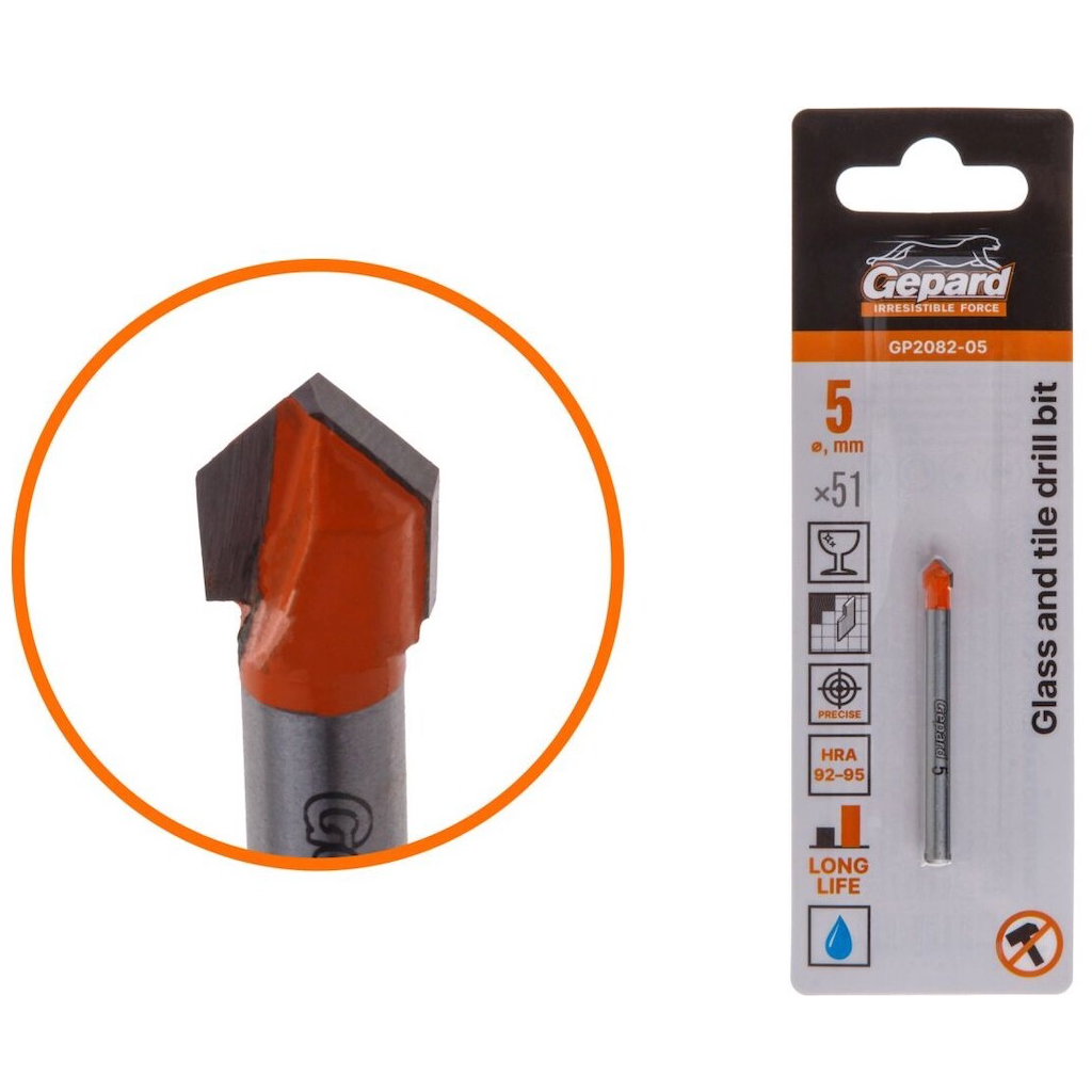 Сверло по плитке и стеклу копьевидное твердосплавное 5x51 мм GEPARD (GP2082-05)