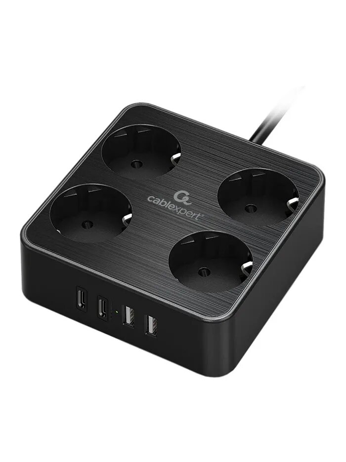 Сетевой фильтр Cablexpert PLT-4-C2U2-B-3 Plate 4р, 10А, 2xType-C PD, 20Вт, 2xUSB, 3м, ур. защиты 4+, черный, коробка