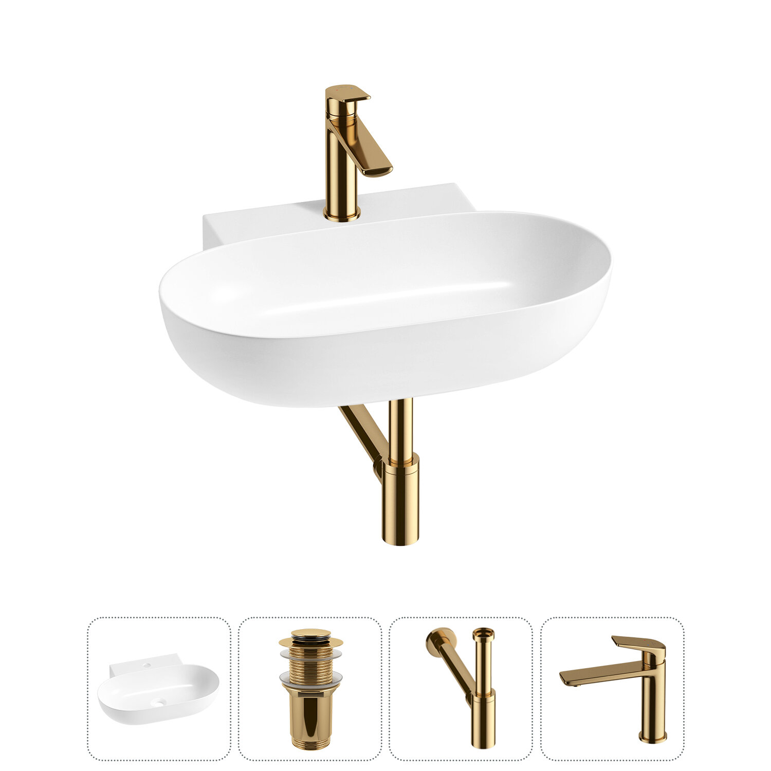 Подвесная или накладная раковина в ванную комнату Lavinia Boho Bathroom Sink 20215137R в наборе 4 в 1: раковина 58 см в цвете белый глянец, донный клапан, сифон, смеситель