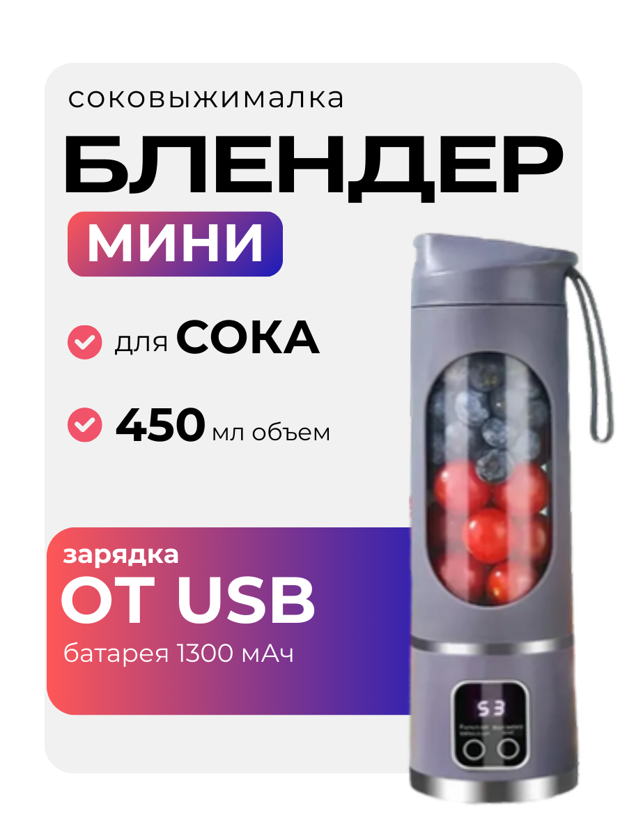 Портативный мини блендер для смузи, соков, 450 мл, без BPA, зарядка через USB - синий