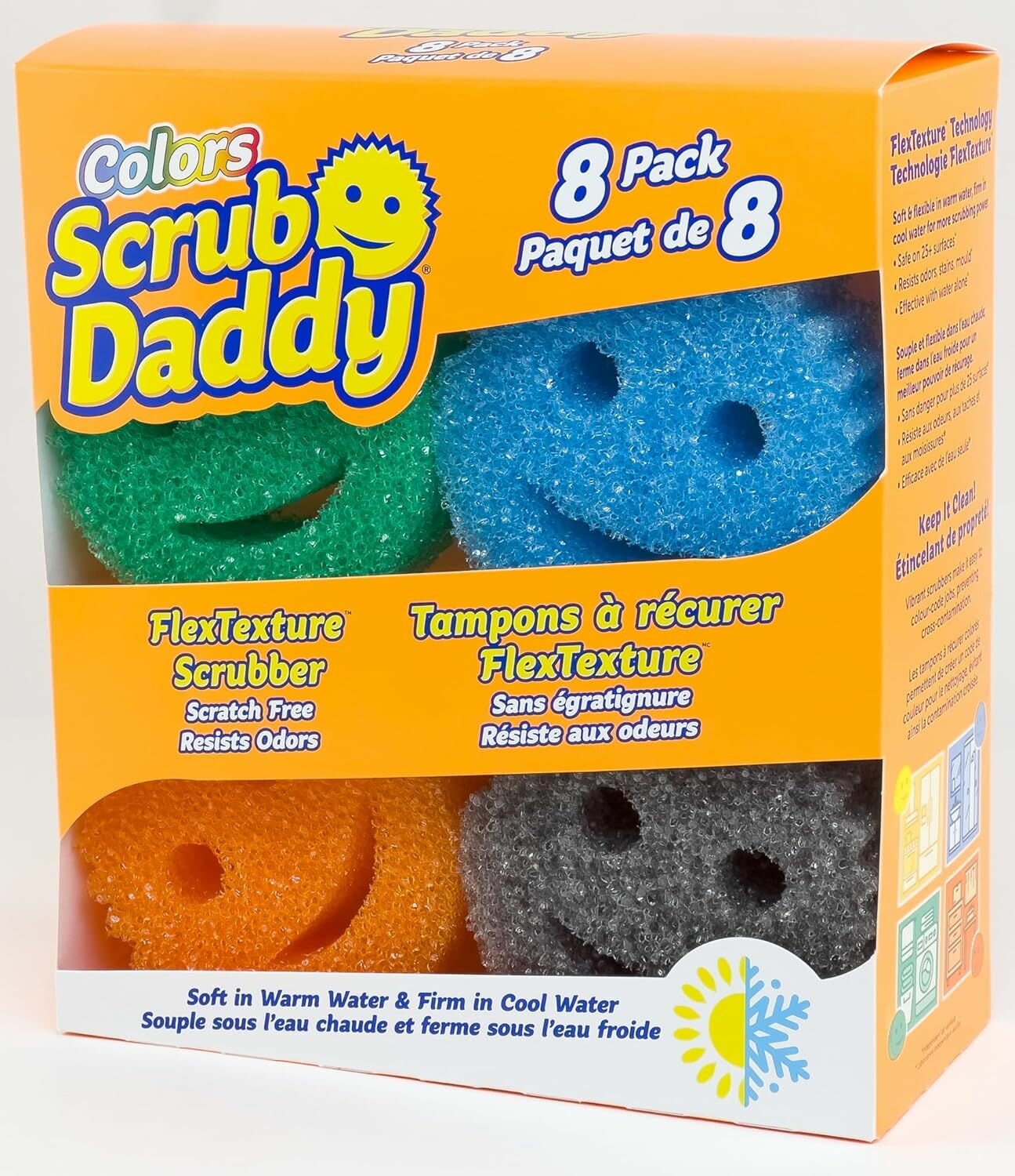 Набор губок Scrub Daddy 8, Цветные, Губки для мытья посуды и дома без царапин, Устойчивые к запахам, Мягкие в теплой воде, твердые в холодной, для глубокой очистки