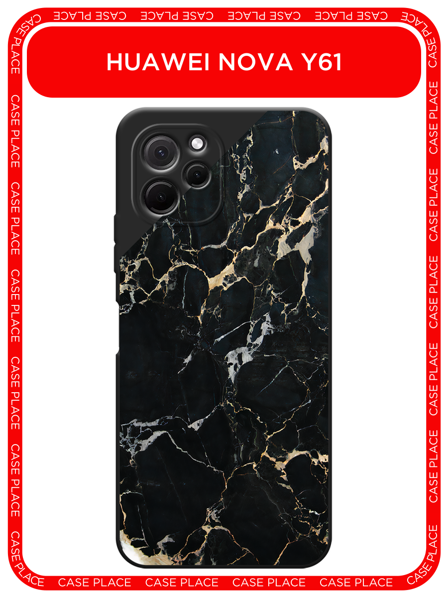 Черный матовый чехол на HuaweI Nova Y61 / Хуавей Нова Y61 с принтом Черный мрамор уголок