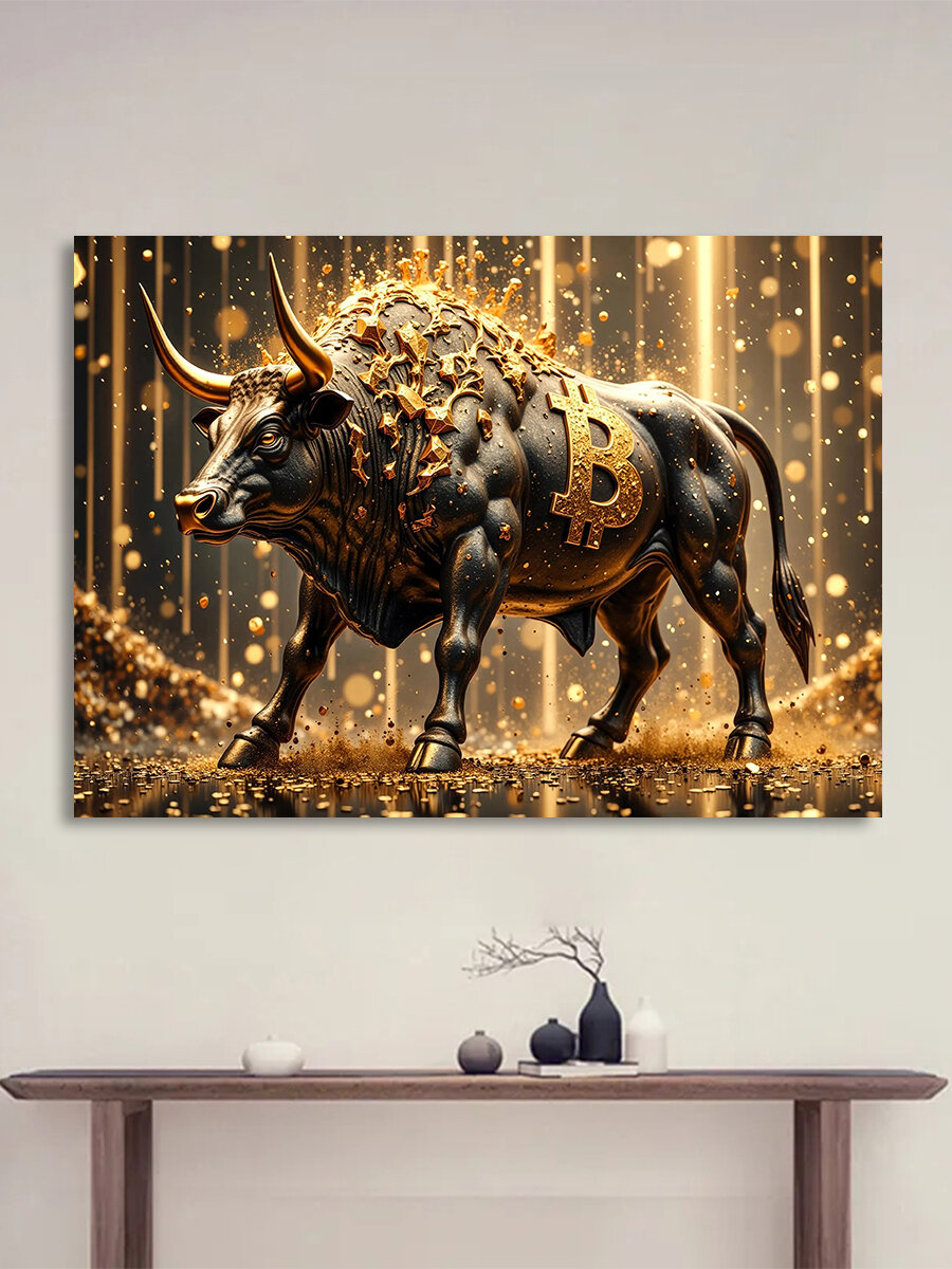 Картина интерьерная на стену - "Бык мотивация деньги в офис" , 60х80 см.