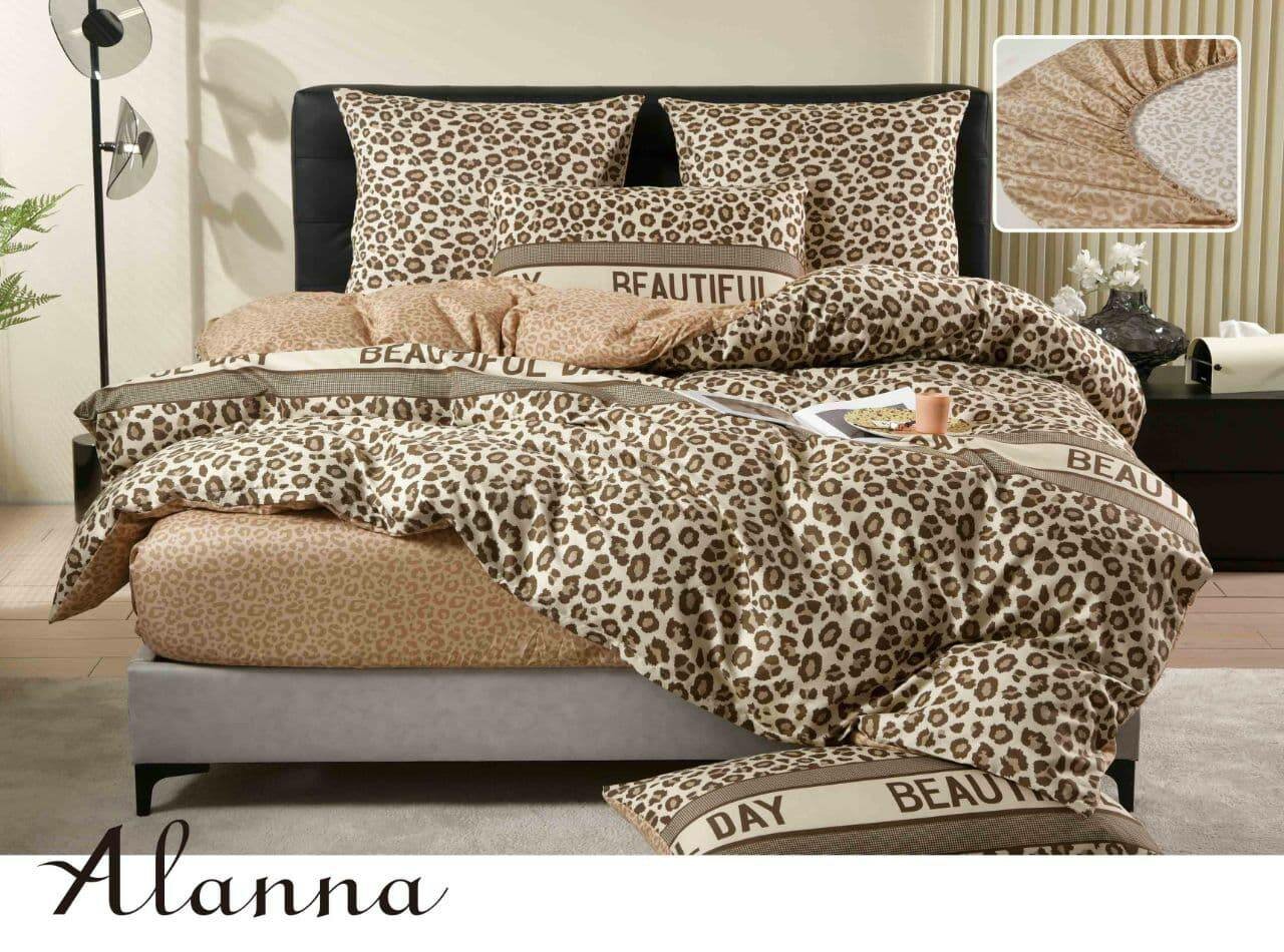 Комплект постельного белья Евро ALANNA Сатин, простыня на резинке, Леопард