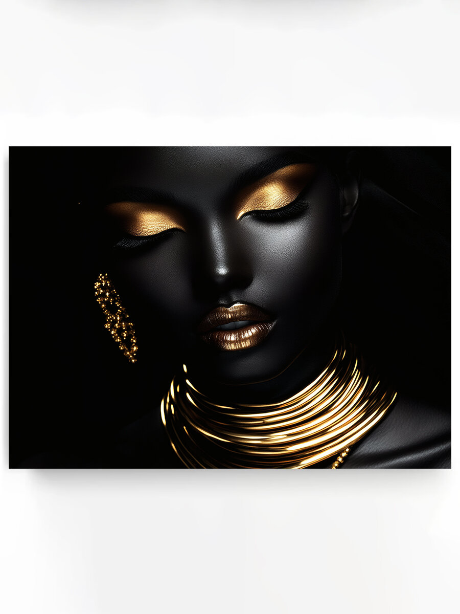 Картина интерьерная на стену - "Африканская женщина в золоте, лицо негритянки", 50х70 см.