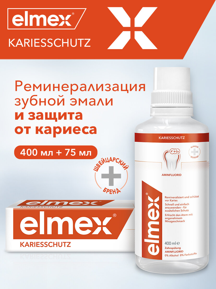 Зубная паста Elmex защита от кариеса, 75 мл + Ополаскиватель Elmex защита от кариеса, 400 мл