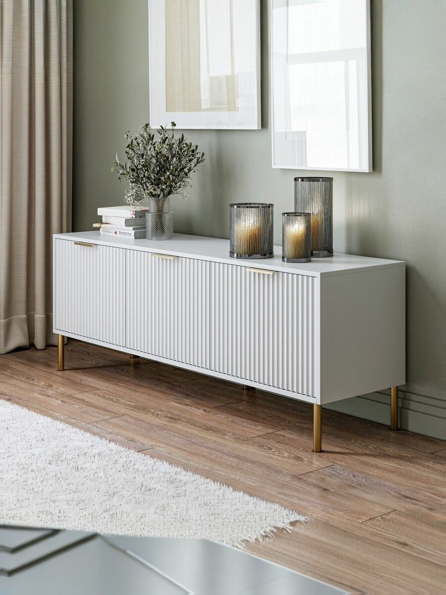 Тумба под телевизор напольная 150х40х55 см, белый с золотой фурнитурой