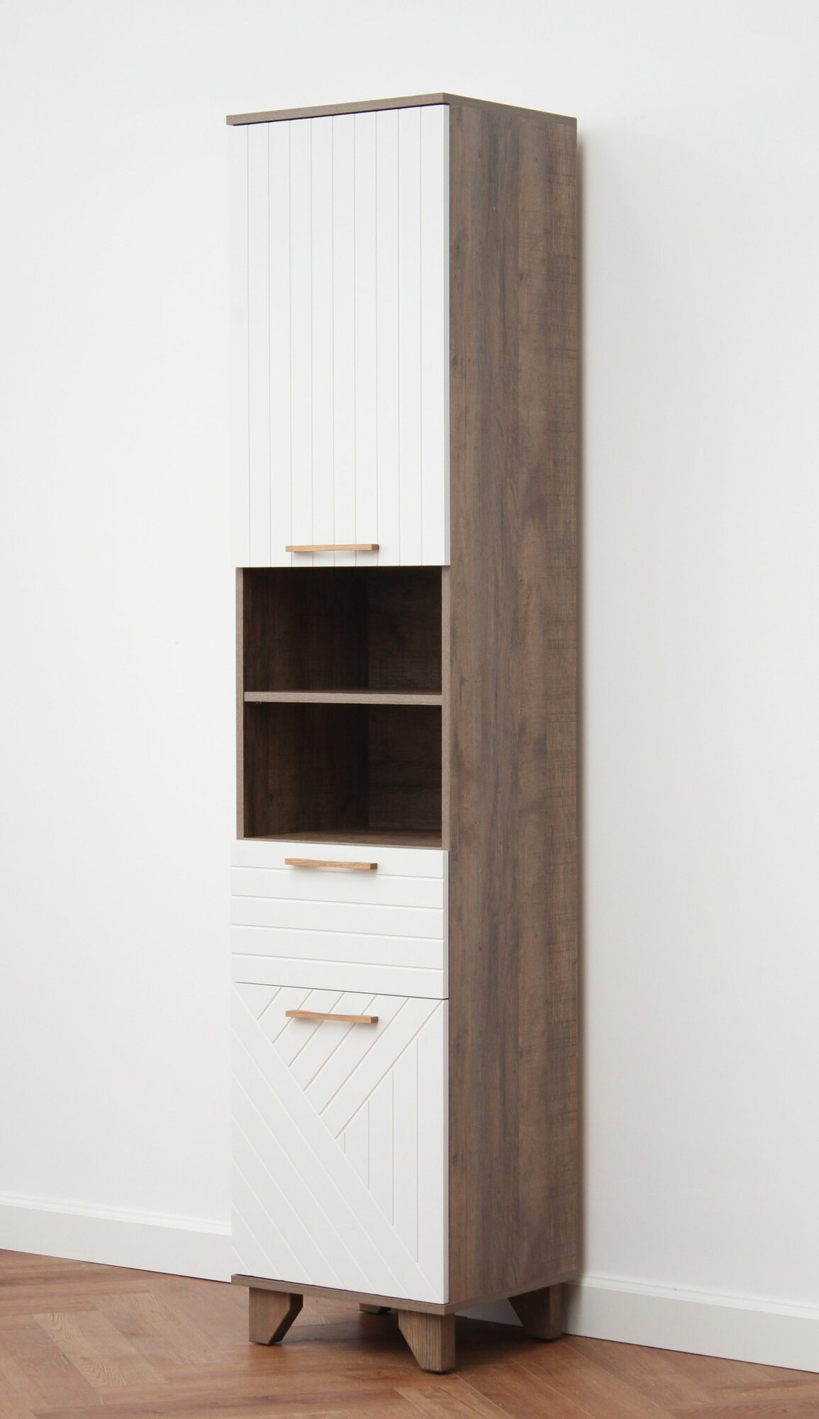 Шкаф пенал Копенгаген с нишей Дуб Самдал / Белый матовый правый (12 Стульев)