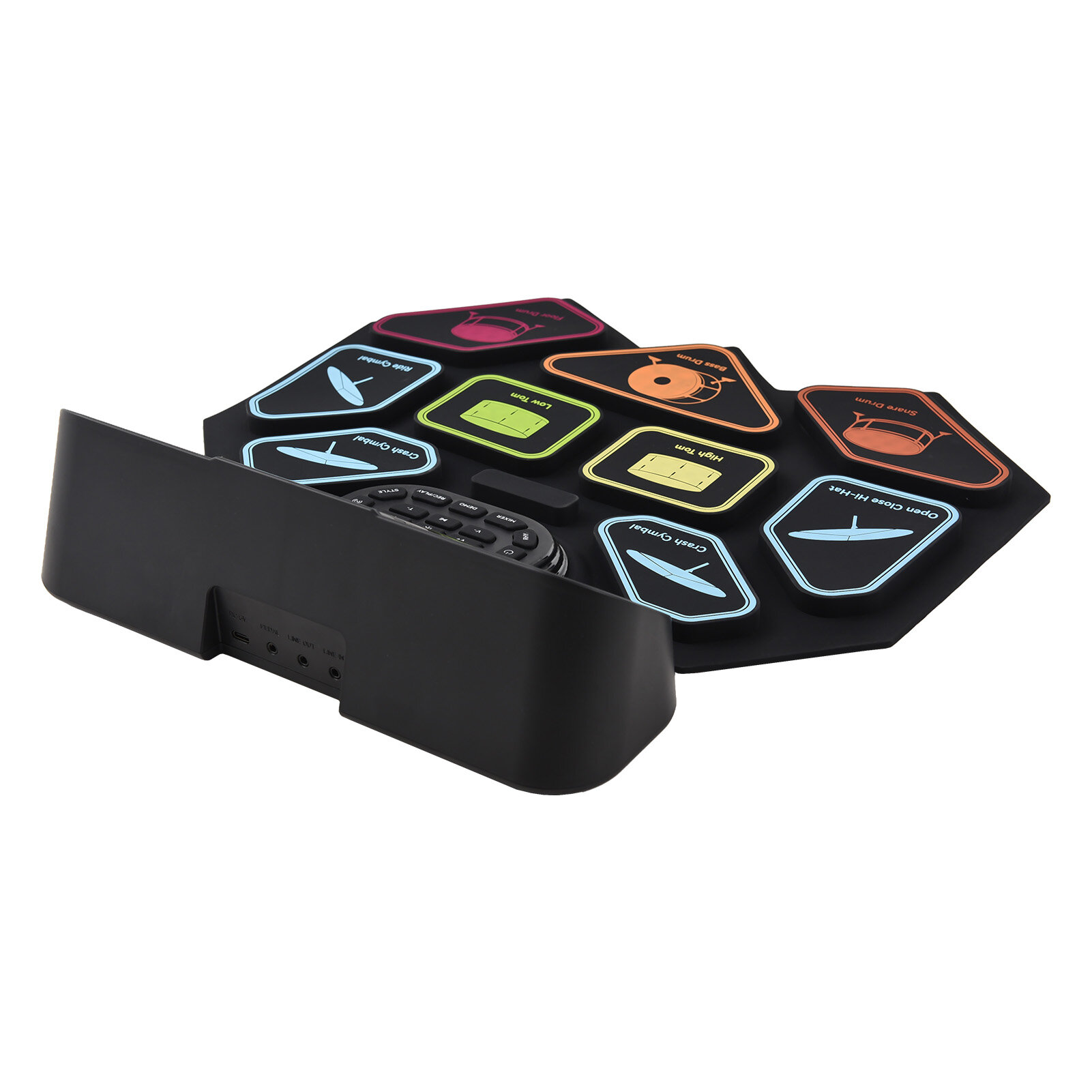 Электронная ударная установка с двумя динамиками, ручная барабанная установка, сверхтолстые 9 пэдов, поддержка BT MIDI, различные аудиоподключения, 8 стилей ударных, 6 ритмов, 10 демонстрационных пес