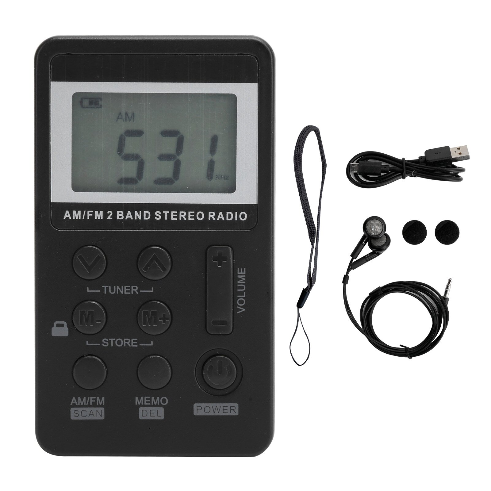 QQT103 Professional Radio Mini Portable FM/AM Stereo Receiver LCD Display with EarphoneBlack