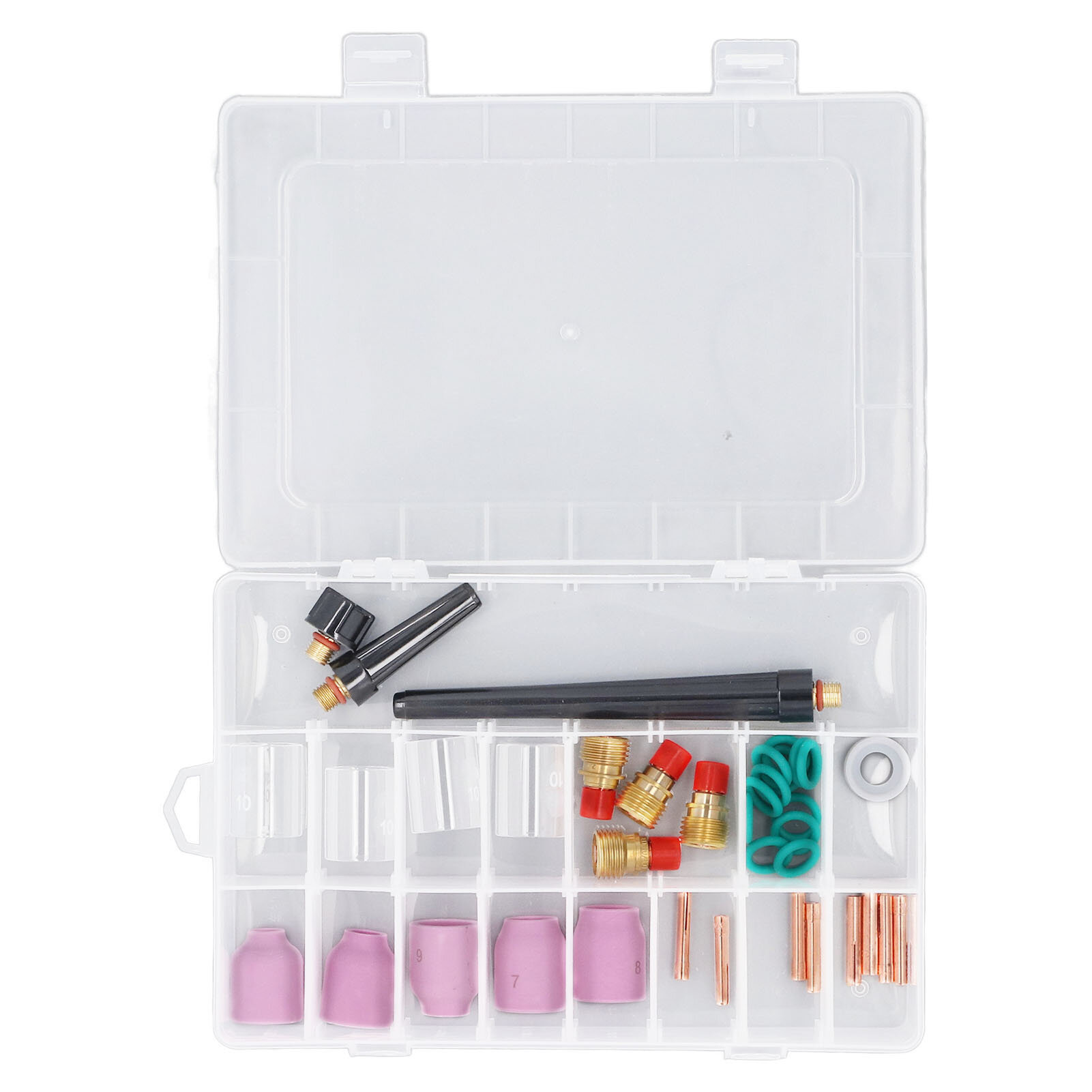 Набор из 37 предметов для сварочной горелки TIG: керамические сопла, стеклянные колпачки, газовые линзы, цанги, уплотнительные кольца, задние колпачки, передние колпачки из птфэ.