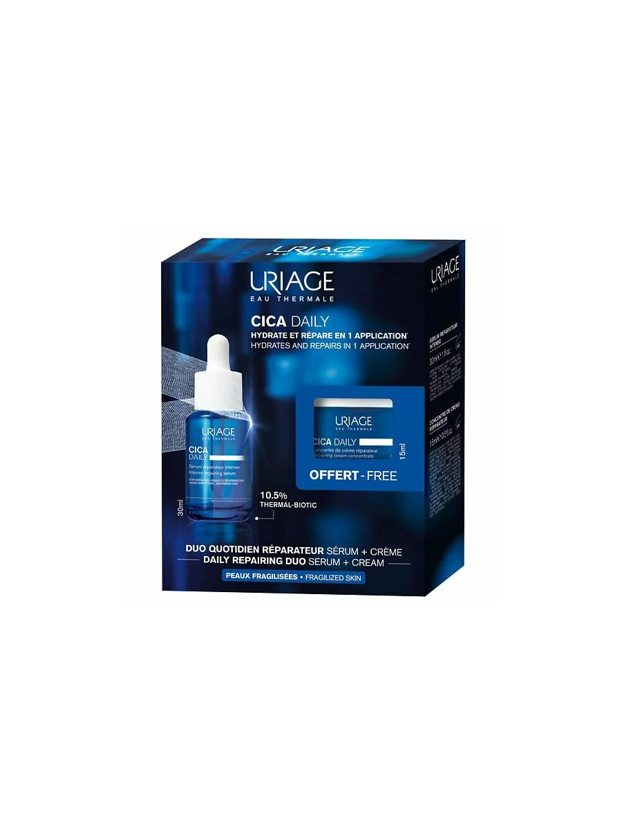 Набор для повреждённой и хрупкой кожи лица Uriage Cica Daily: сыворотка 30 мл + крем-концентрат 15 мл