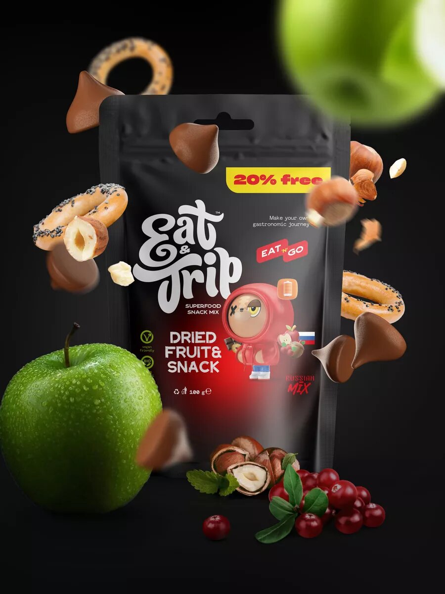 Микс из орехов, сушеных фруктов, шоколада и сушек Eat & Trip "Русский". Снеки. Набор. Смесь. Перекус. Snack-mix with dried fruits and nuts"Russian"