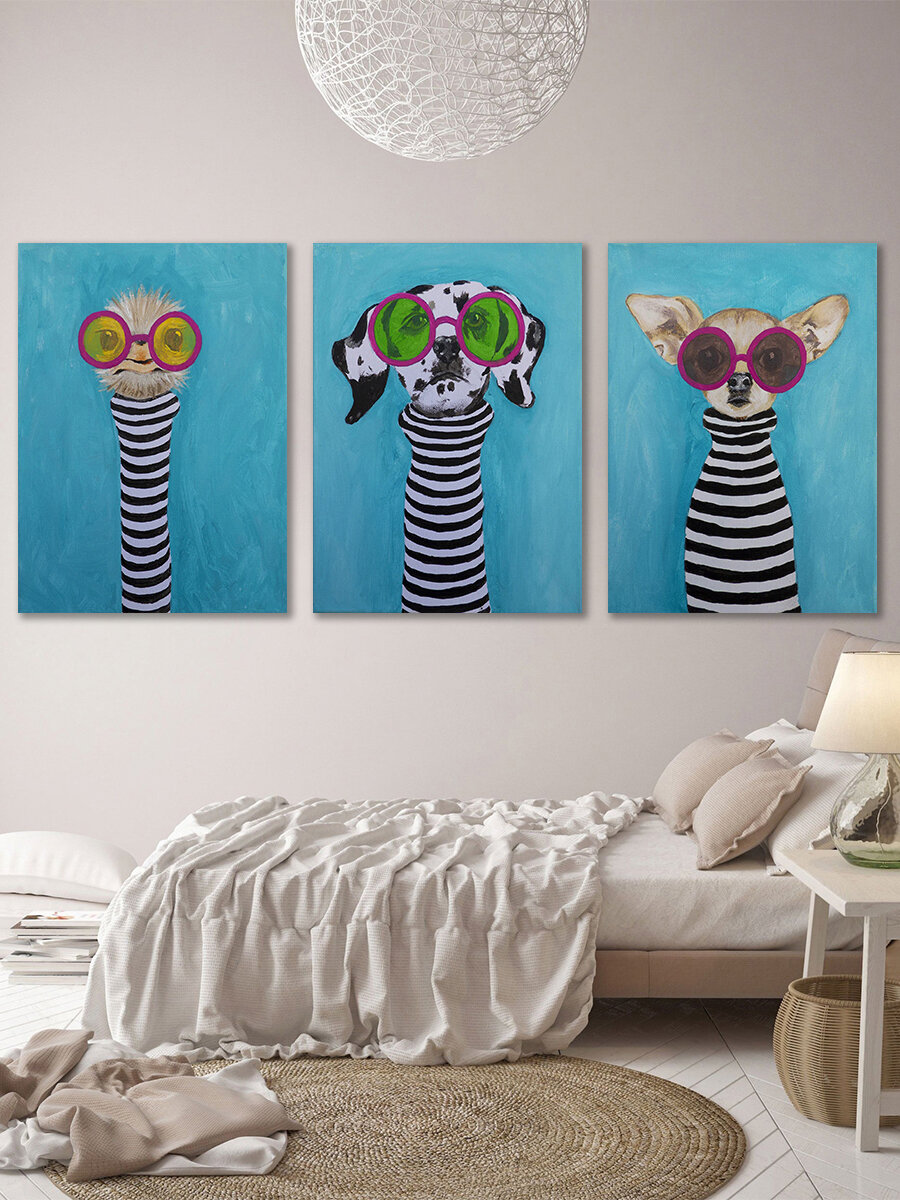 Модульные картины на стену / триптих - "Животные в больших очках", картина 3 шт, модуль 40х90 см
