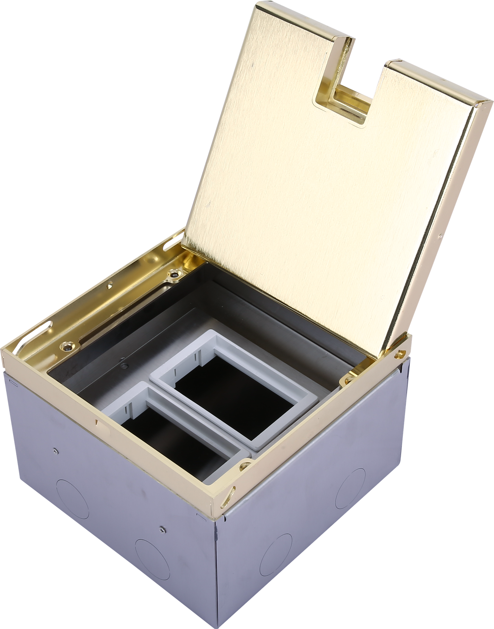 Лючок для горизонтальной установки 2 модулей 45х45мм и 2 модулей 22,5х45мм, с крышкой, металл, цвет латунь, Donel